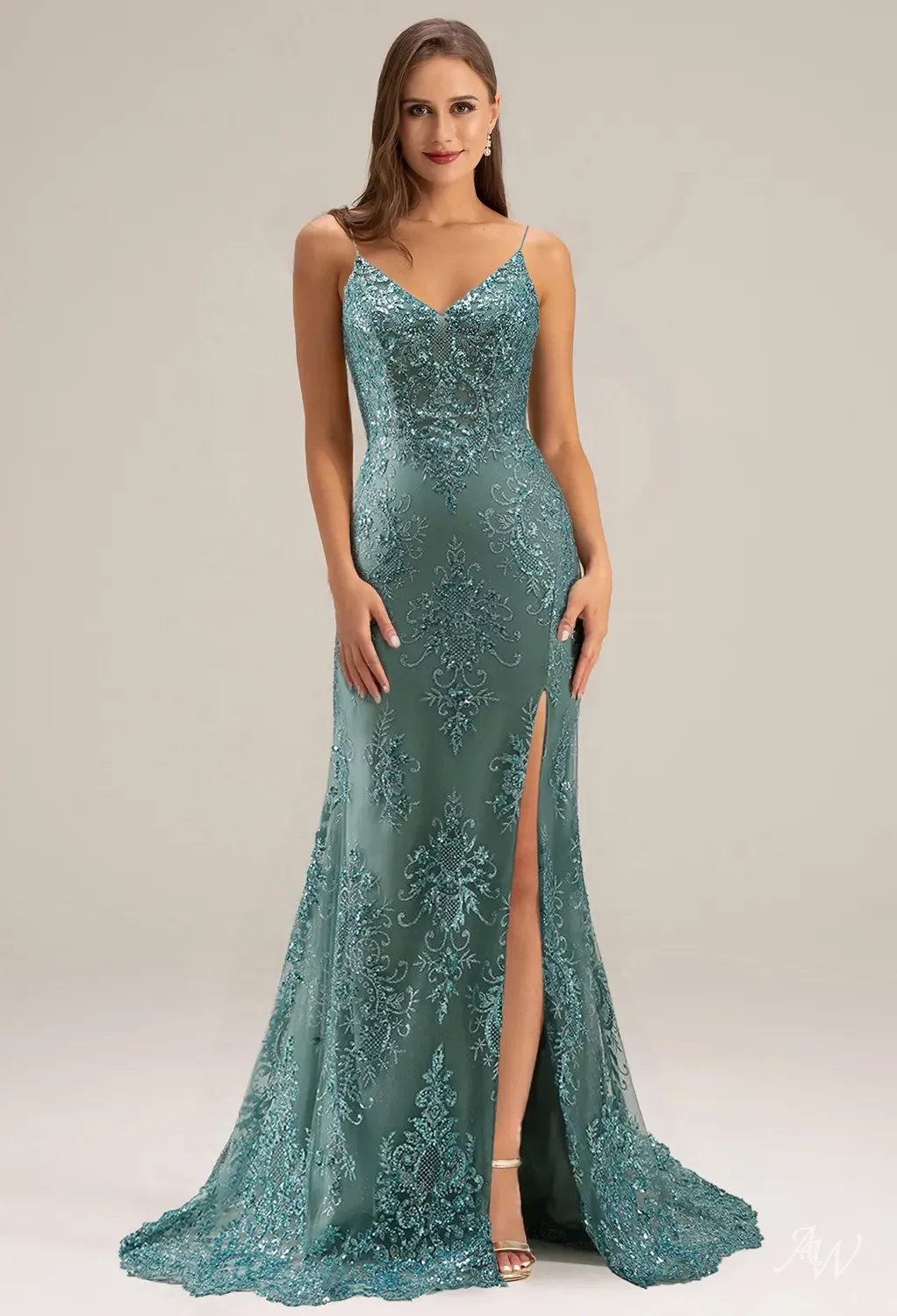 AW Macie Dress, Dark Emerald Tulle Floor Length V-Neck Dresses | AW ...