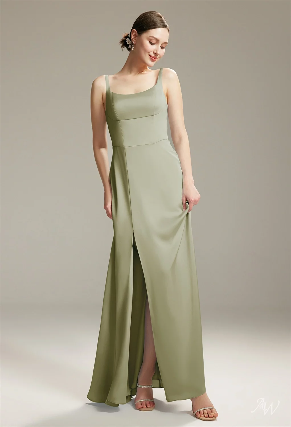 AW Eunice Dress, Gold Satin Charmeuse Floor Length Scoop/U-Neck ...