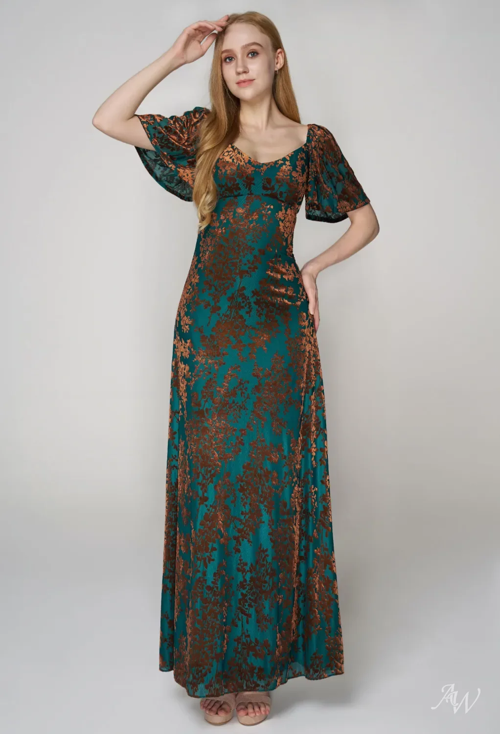 AW Alvera Dress, Burnt Orange Velvet Ankle Length V-Neck Bridesmaid ...