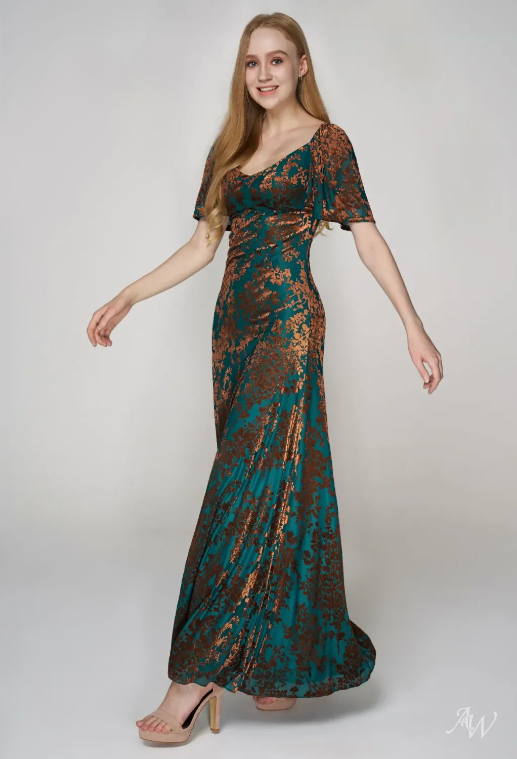 AW Alvera Dress, Burnt Orange Velvet Ankle Length V-Neck Bridesmaid ...