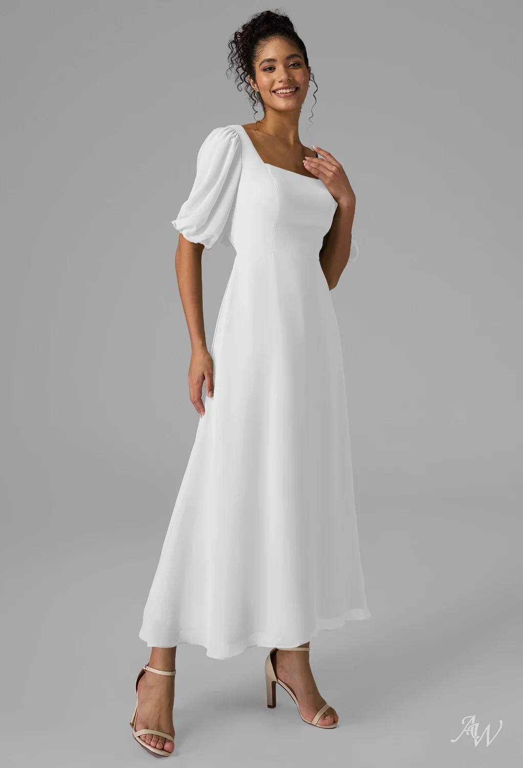 AW Rowan Dress, Rose Pink Chiffon Satin Charmeuse Ankle Length Square ...