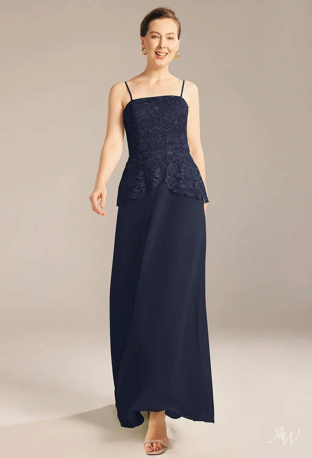 AW Inger Dress, Navy Chiffon Lace Floor Length Square Neckline Mother ...