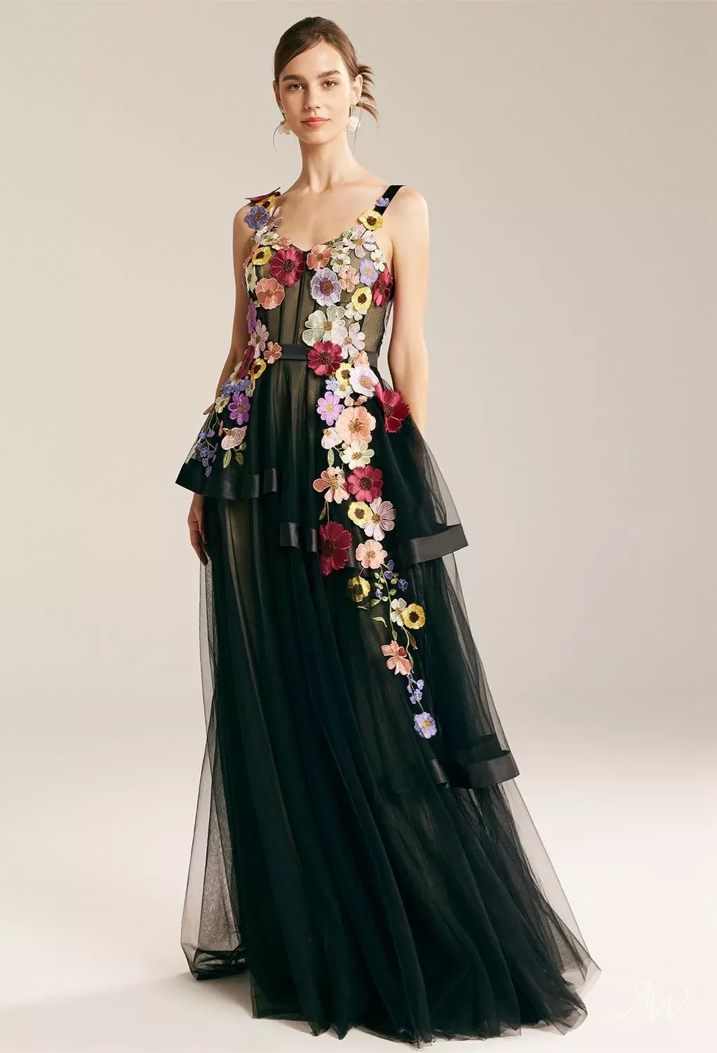 AW Patty Dress, Black Tulle Floor Length V-Neck Dresses | AW.Bridal