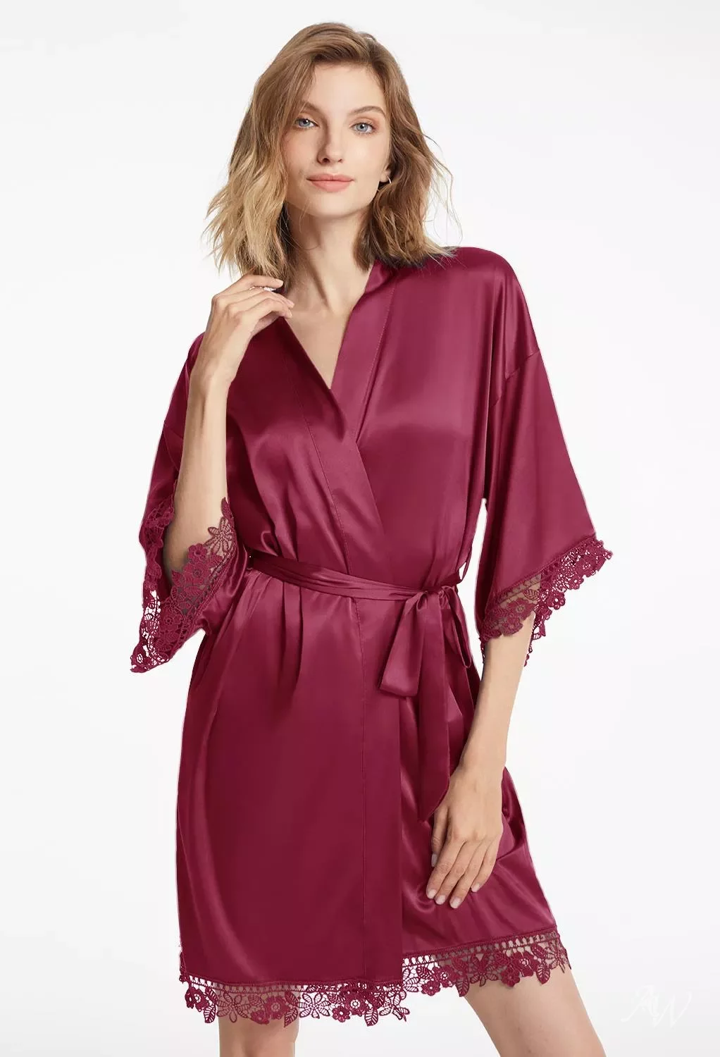 AW Short Satin Lace Robe, Polyester Accessories | AW.Bridal