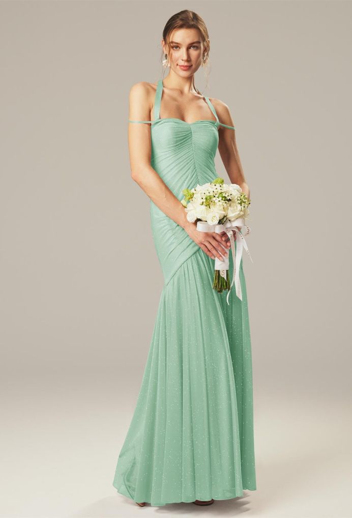 AW Genevieve Dress, Peacock Shimmer Pleated Mesh Floor Length V-Neck ...