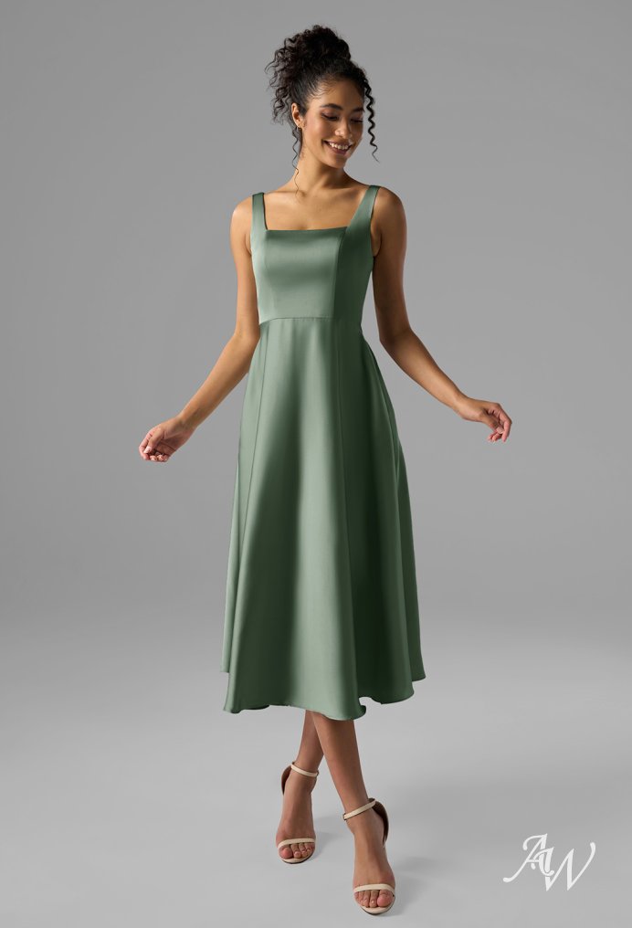 AW Asa Dress, Sage Green Crystal Satin Satin Charmeuse Tea Length ...