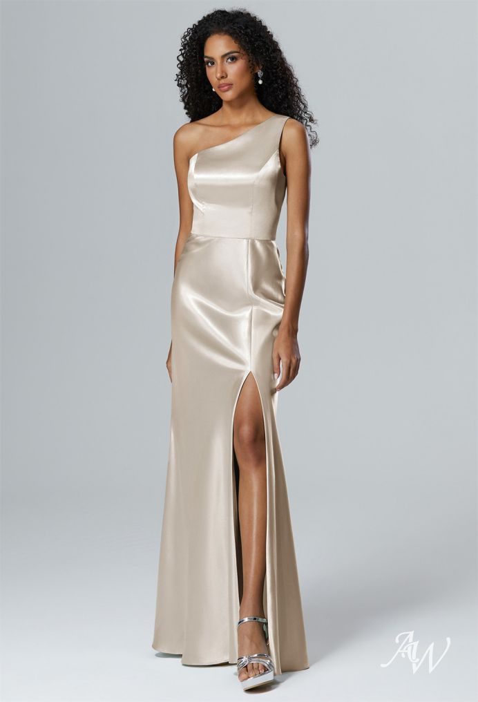 AW Zenaida Dress, Champagne Crystal Satin Satin Charmeuse Floor Length ...