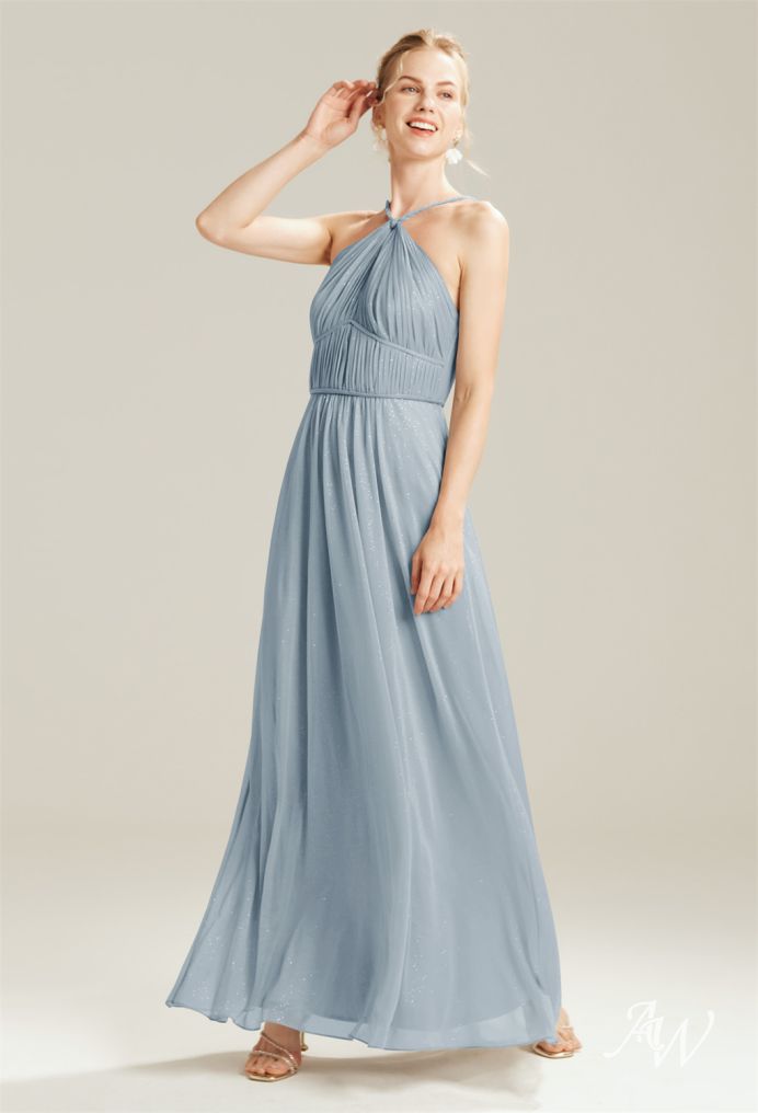AW Maize Dress, Champagne Glitter Mesh Floor Length Halter Neckline ...