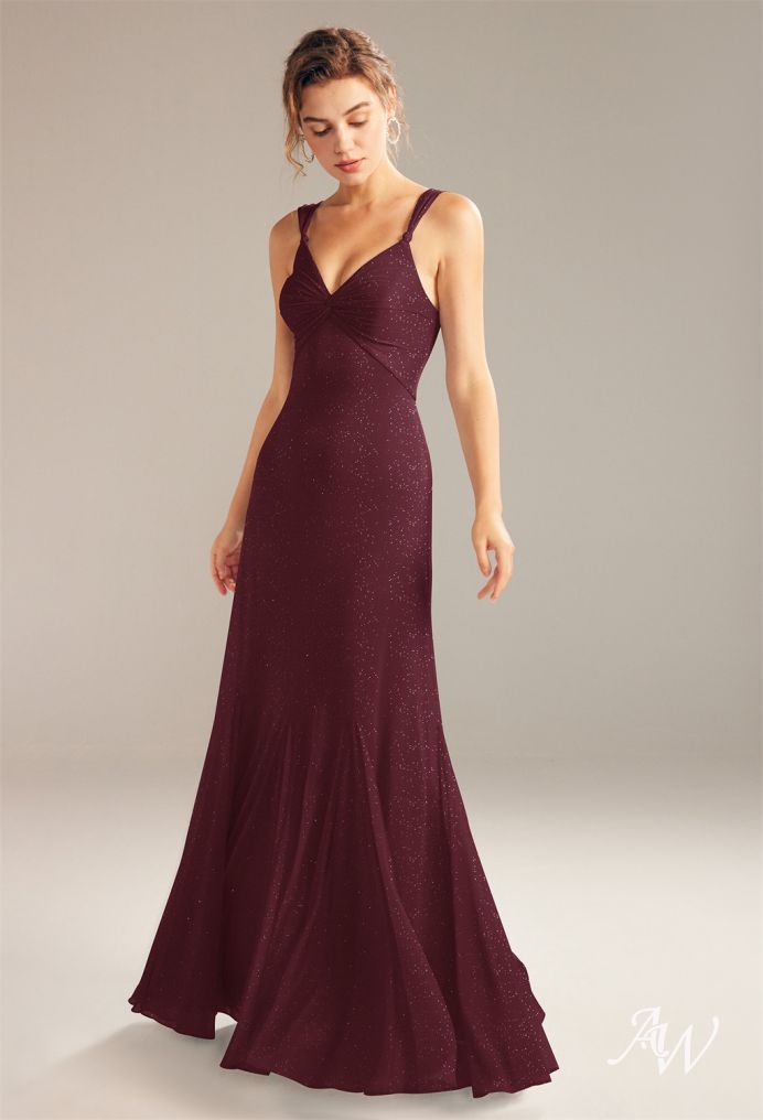 AW Brenda Dress, Burgundy Glitter Mesh Floor Length V-Neck Bridesmaid ...