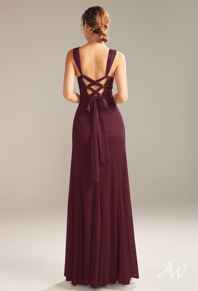 AW Brenda Dress, Burgundy Glitter Mesh Floor Length V-Neck Bridesmaid ...