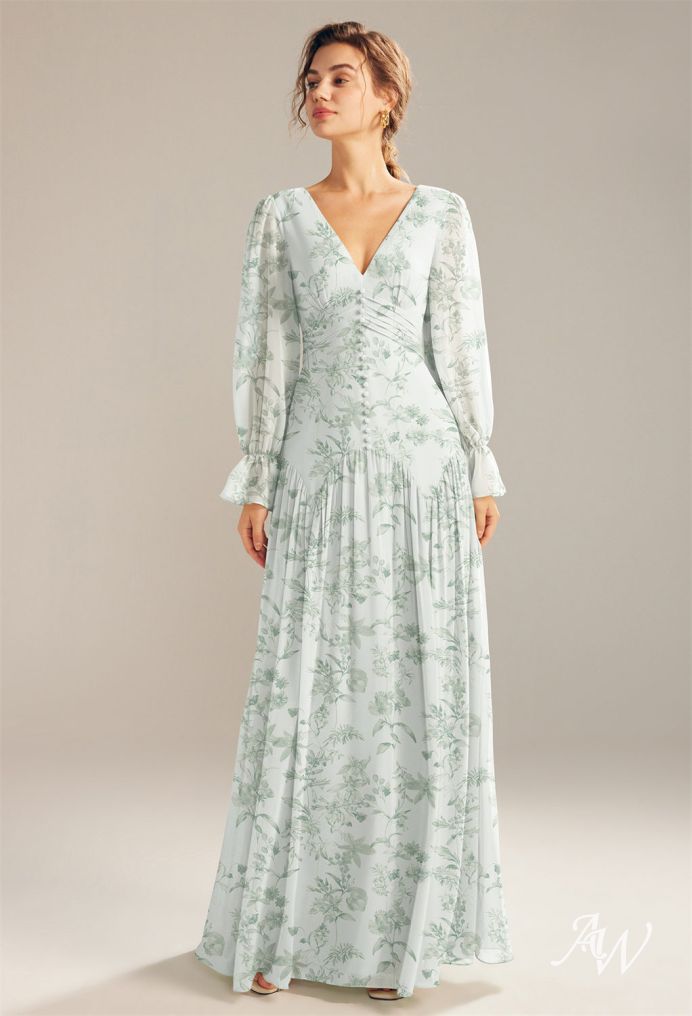 AW Alma Dress, Sage Green Chiffon Floor Length V-Neck Bridesmaid ...