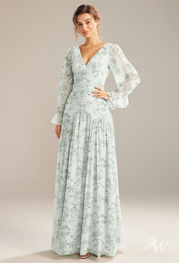 AW Alma Dress, Sage Green Chiffon Floor Length V-Neck Bridesmaid ...