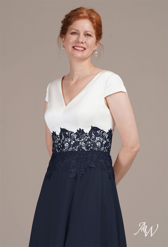 AW Benedicta Dress, Dark Navy Chiffon Lace Ankle Length V-Neck Mother ...