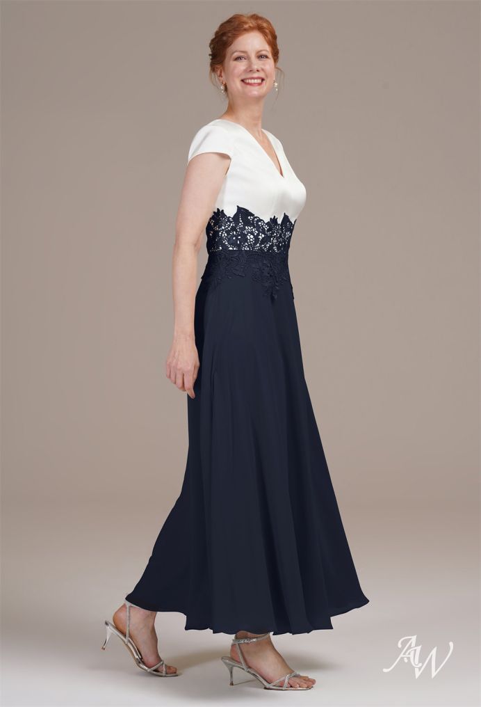AW Benedicta Dress, Dark Navy Chiffon Lace Ankle Length V-Neck Mother ...