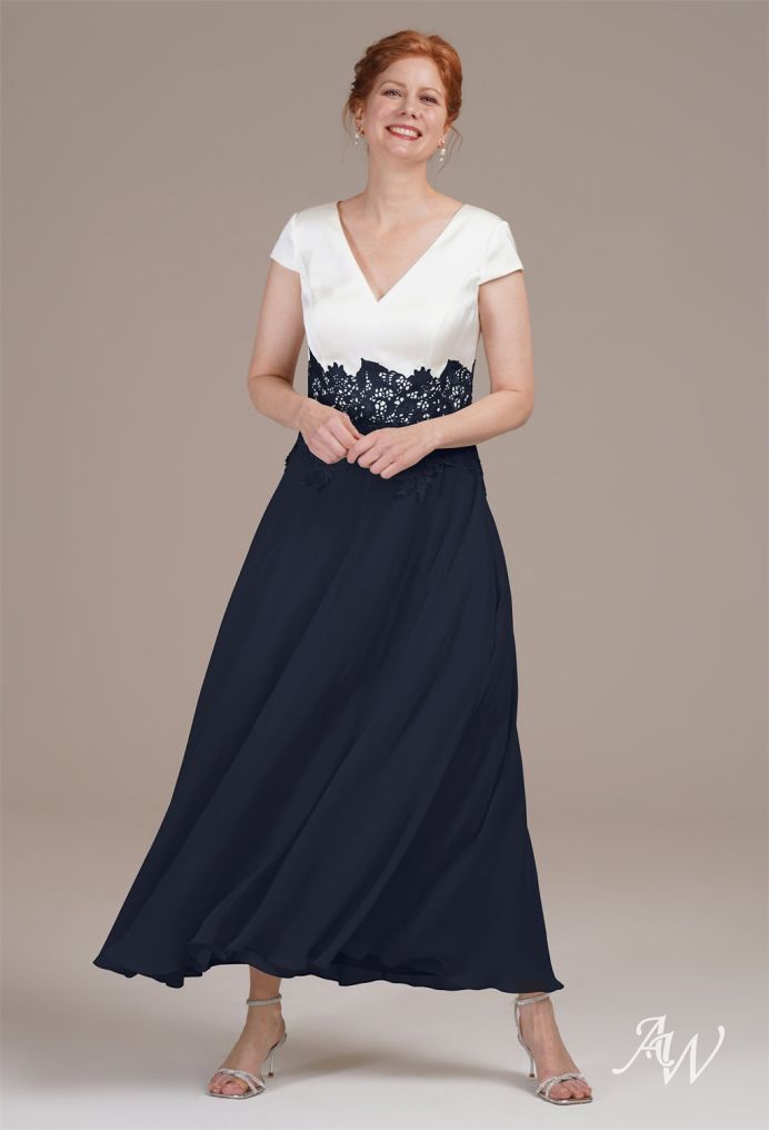 AW Benedicta Dress, Dark Navy Chiffon Lace Ankle Length V-Neck Mother ...