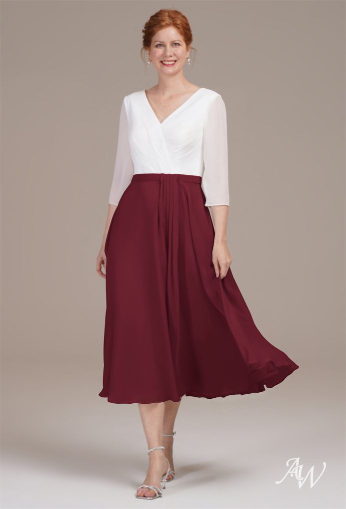 AW Difluence Dress, Burgundy Chiffon Tea Length V-Neck Mother of the ...