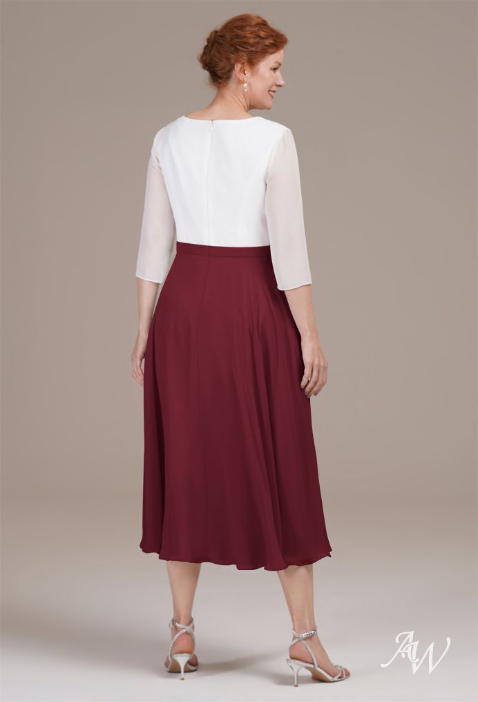 AW Difluence Dress, Burgundy Chiffon Tea Length V-Neck Mother of the ...