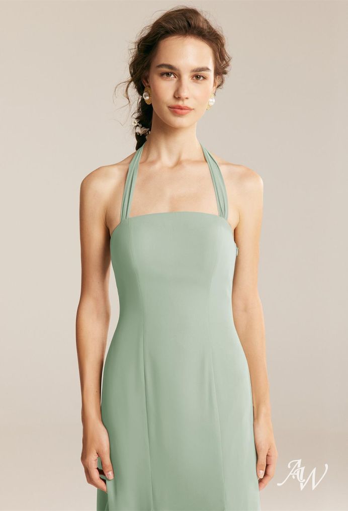 AW Datu Dress, Sage Green Chiffon Floor Length Halter Neckline ...