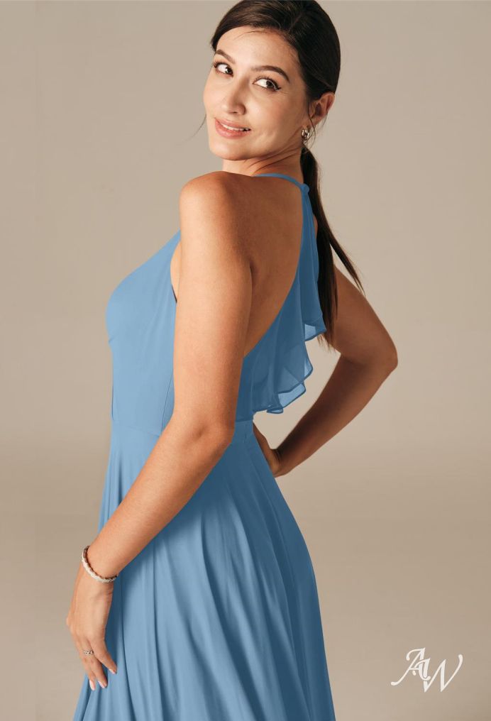 AW Larry Dress, Dusty Blue Chiffon Floor Length Halter Neckline ...
