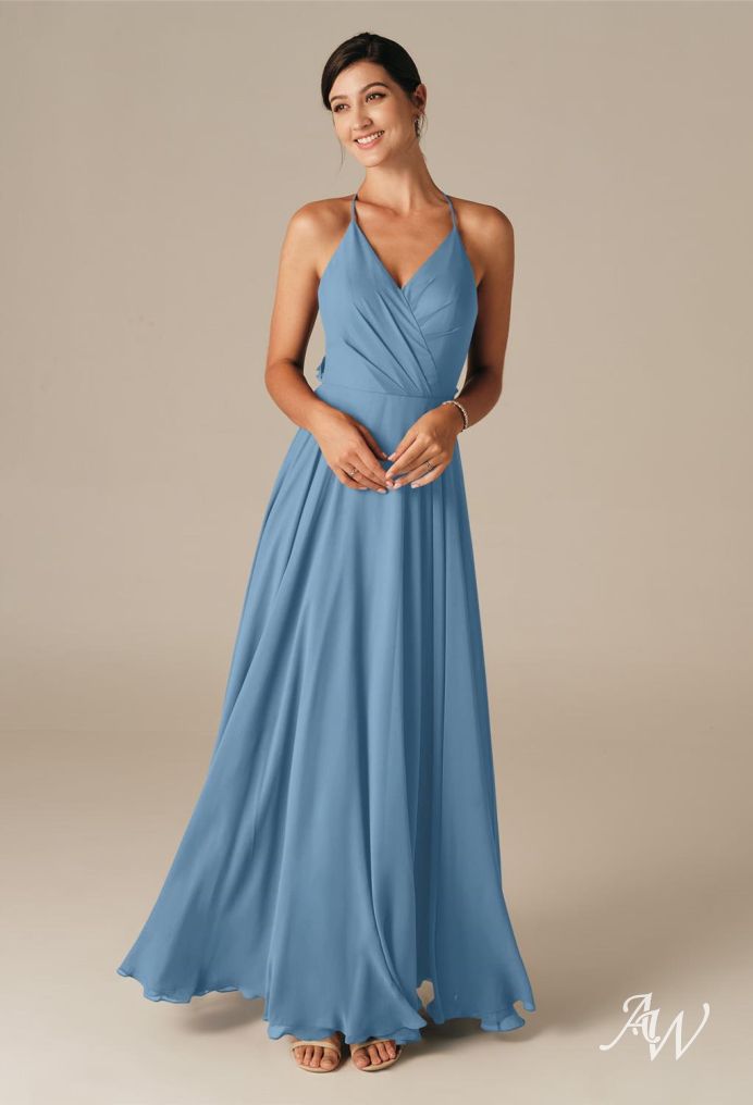 AW Larry Dress, Dusty Blue Chiffon Floor Length Halter Neckline ...