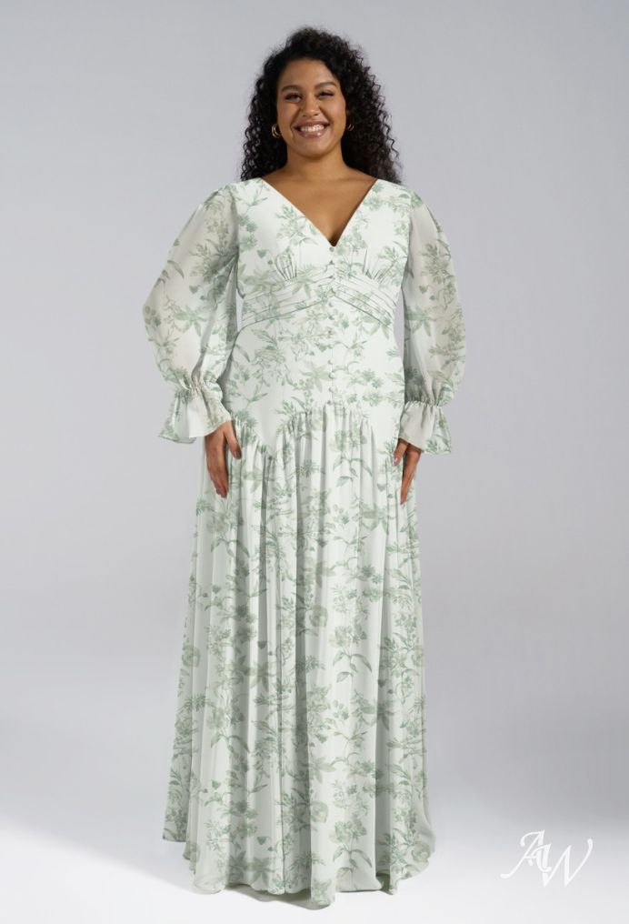 AW Alma Dress, Sage Green Chiffon Floor Length V-Neck Bridesmaid ...