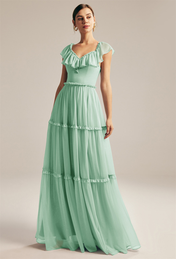 AW Brenda Dress, Burgundy Glitter Mesh Floor Length V-Neck Bridesmaid ...