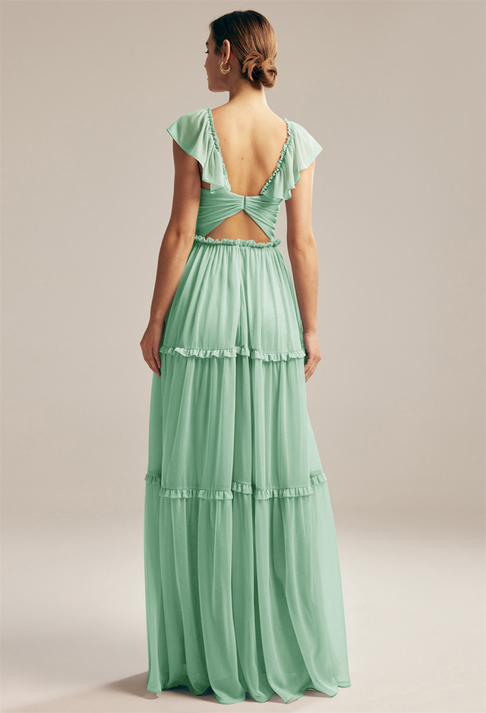 AW Brenda Dress, Burgundy Glitter Mesh Floor Length V-Neck Bridesmaid ...