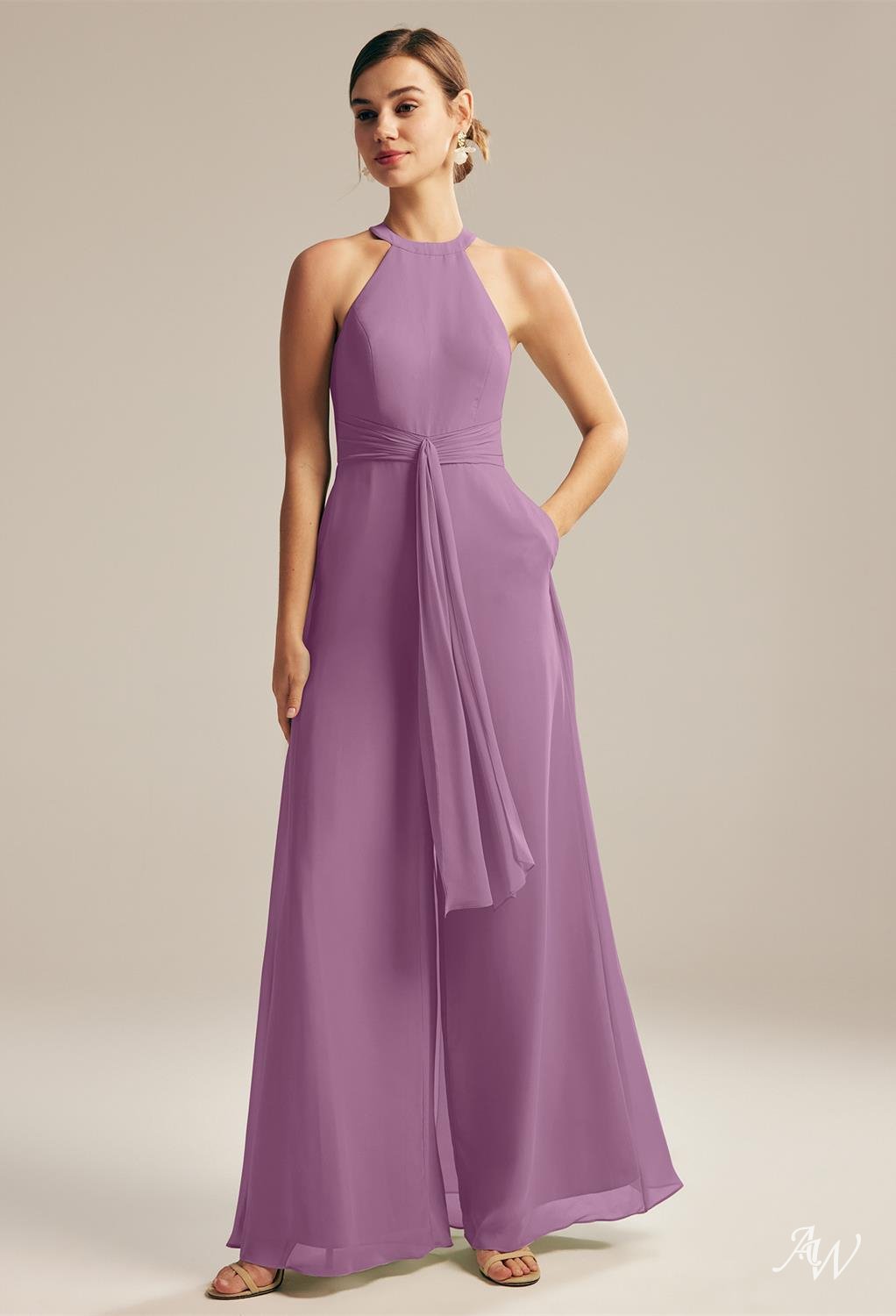 AW Dolce Jumpsuit, Dark Emerald Chiffon Floor Length Halter Neckline Bridesmaid Dresses | AW.Bridal