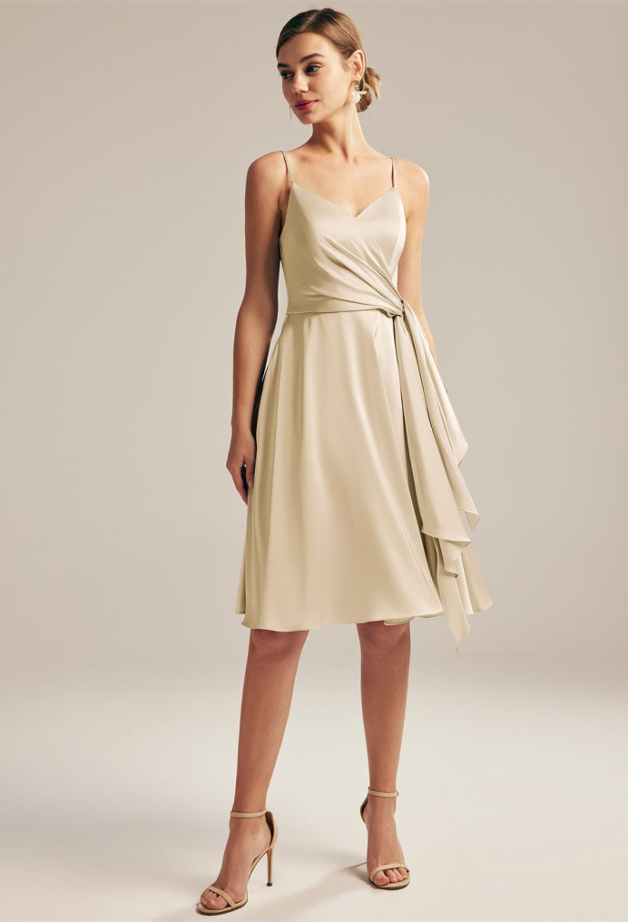 AW Mercy Dress, Taupe Satin Charmeuse Knee Length Halter Neckline ...