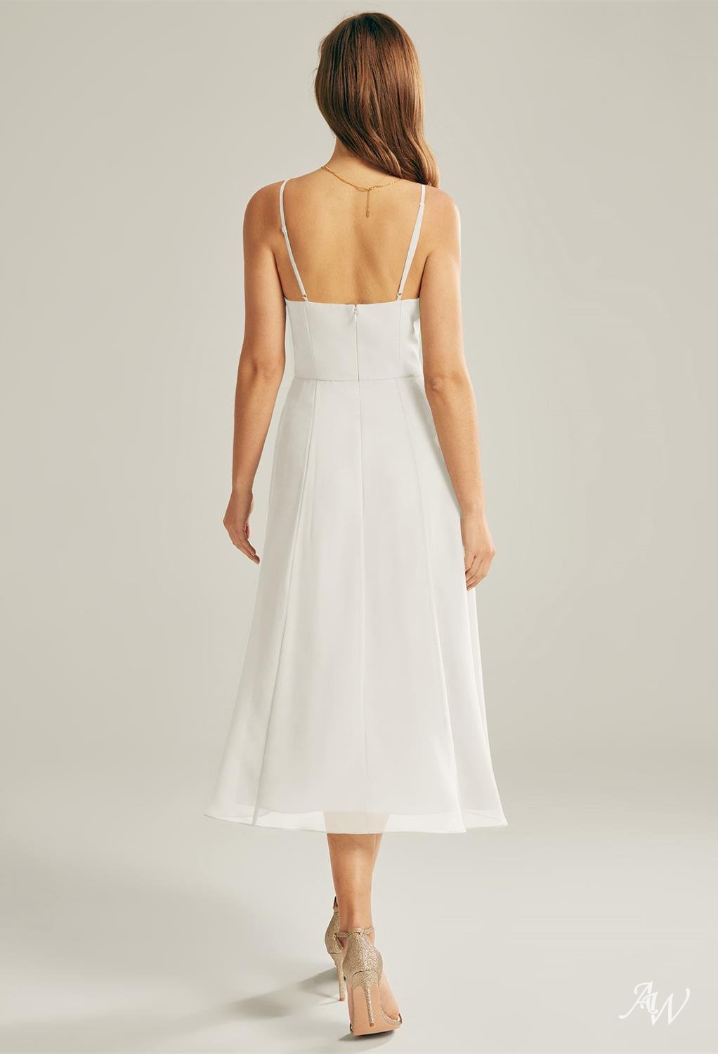 AW Maribel Dress, Blue Botanical Floral Chiffon Tea Length Cowl Neckline Bridesmaid Dresses | AW ...