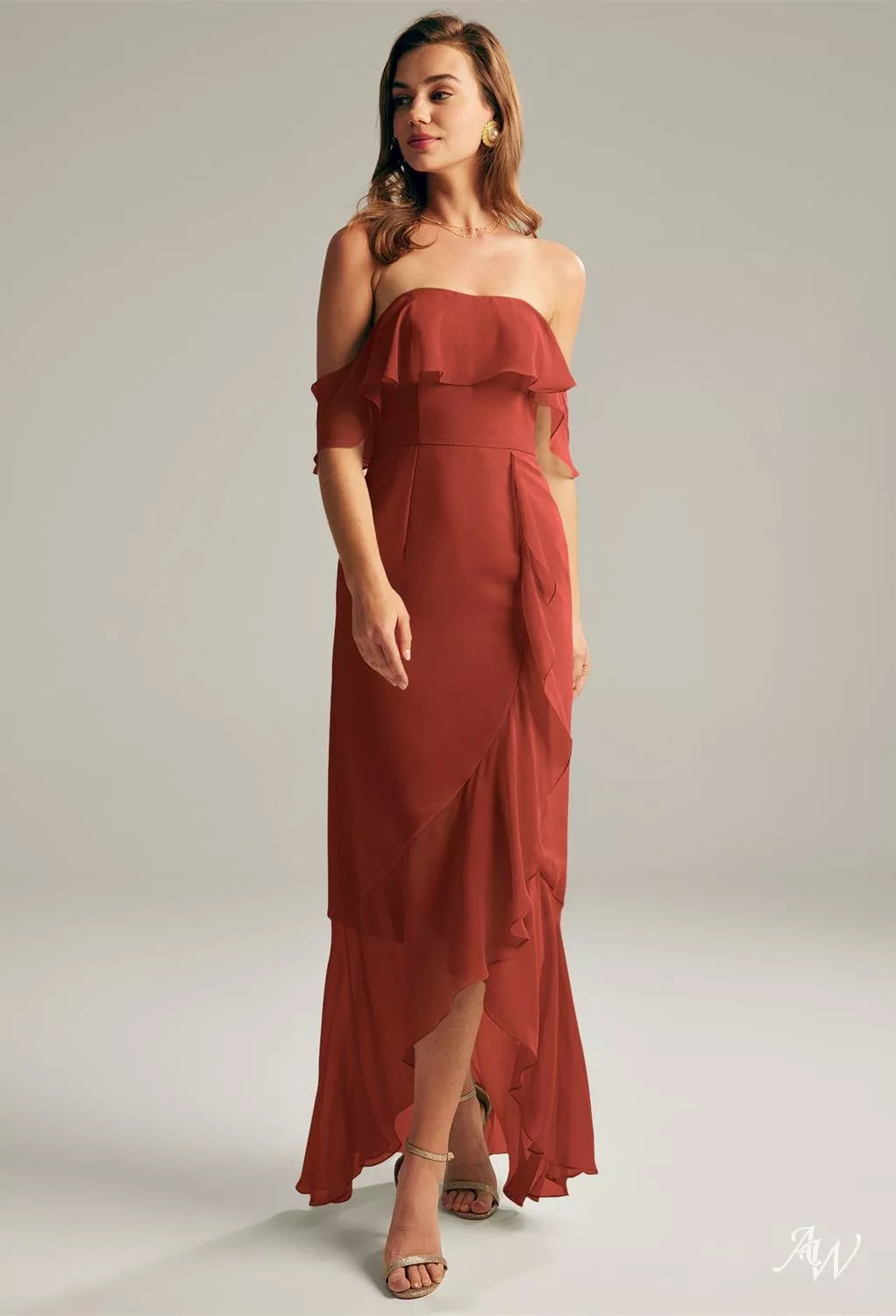 AW Nana Dress, Azure Purple Print Chiffon Hi Lo Off the Shoulder ...