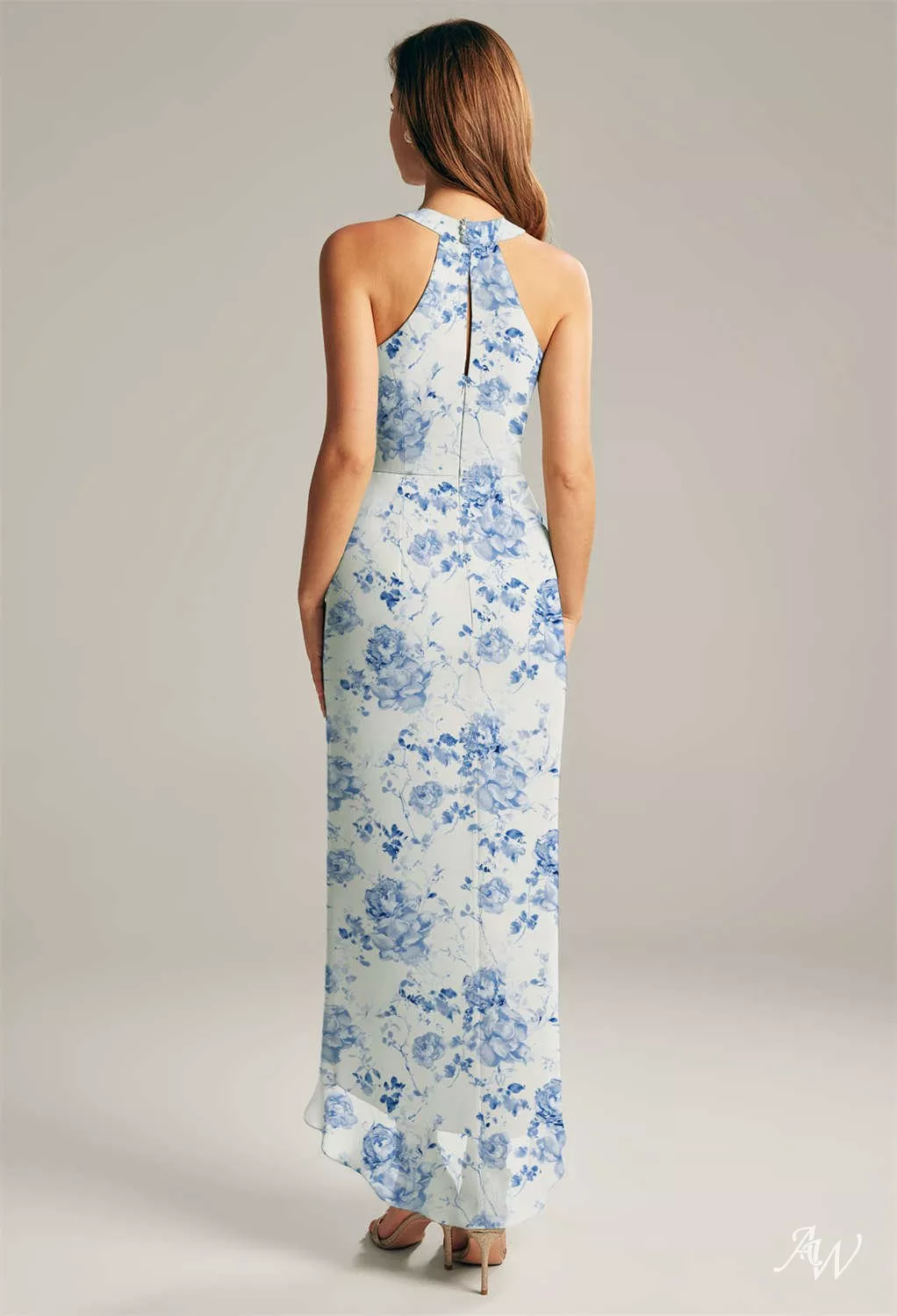 AW Raja Dress, Blue Botanical Floral Chiffon Hi Lo Halter Neckline ...