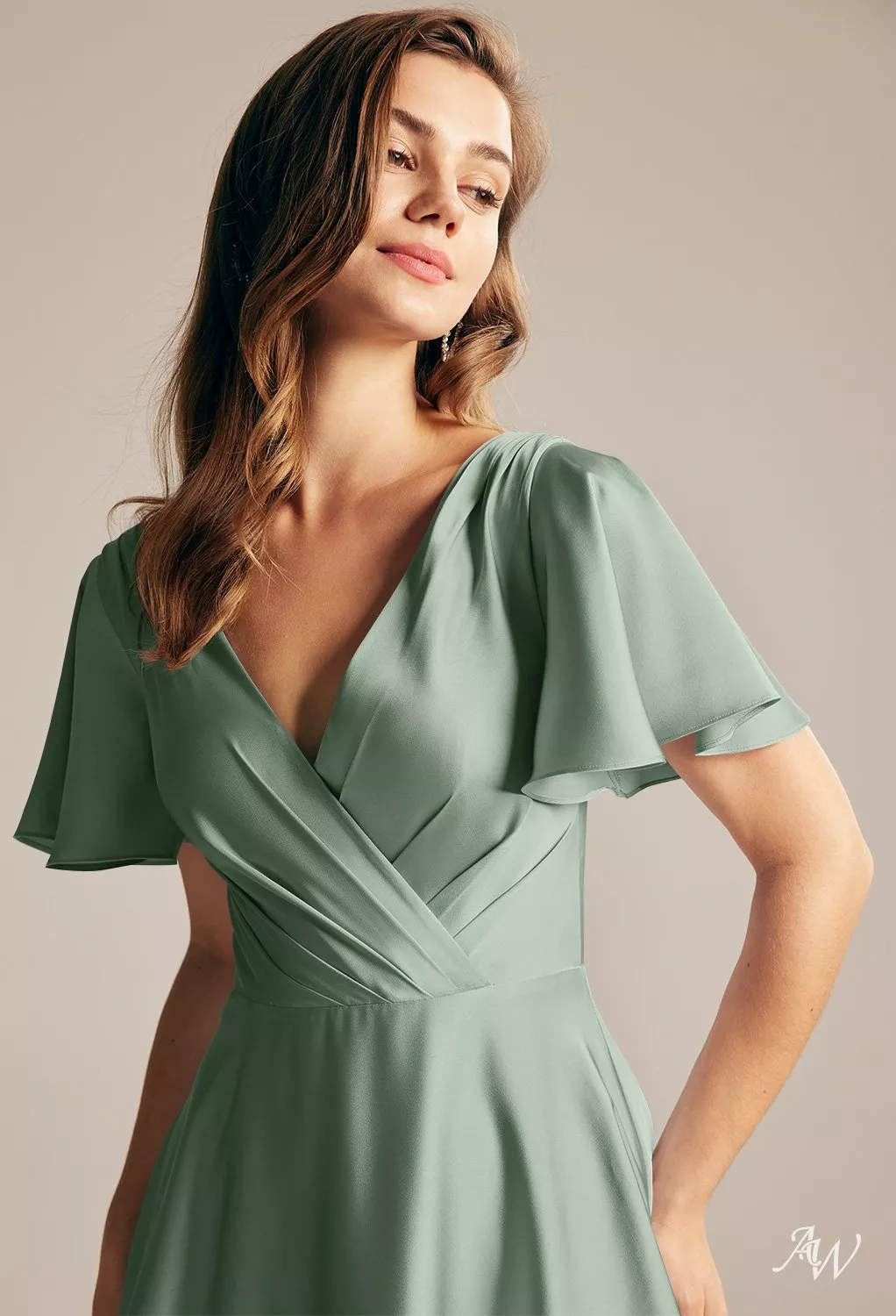 AW Furst Dress, Sage Green Crystal Satin Satin Charmeuse Floor Length V ...