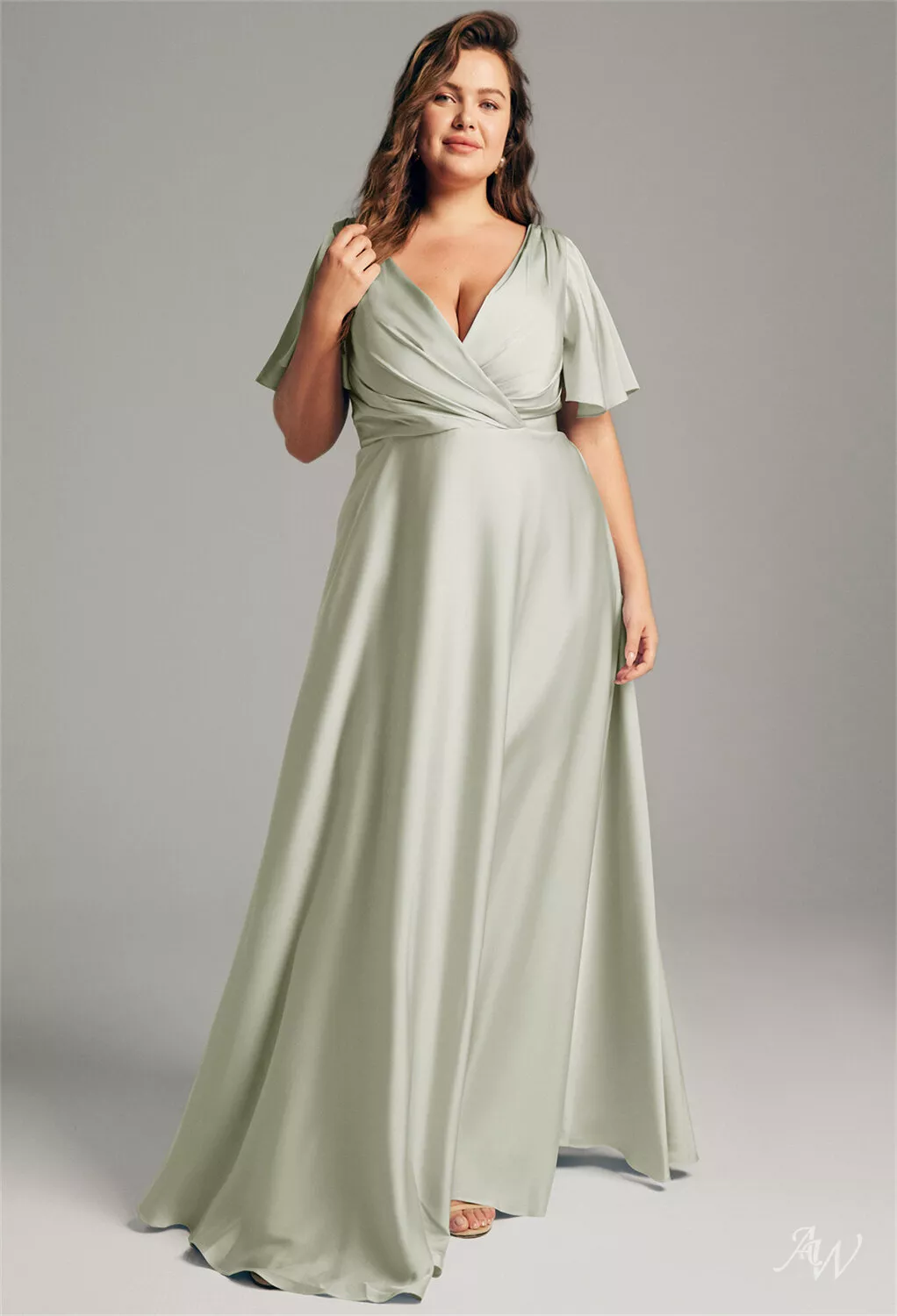 AW Furst Dress, Sage Green Crystal Satin Satin Charmeuse Floor Length V ...