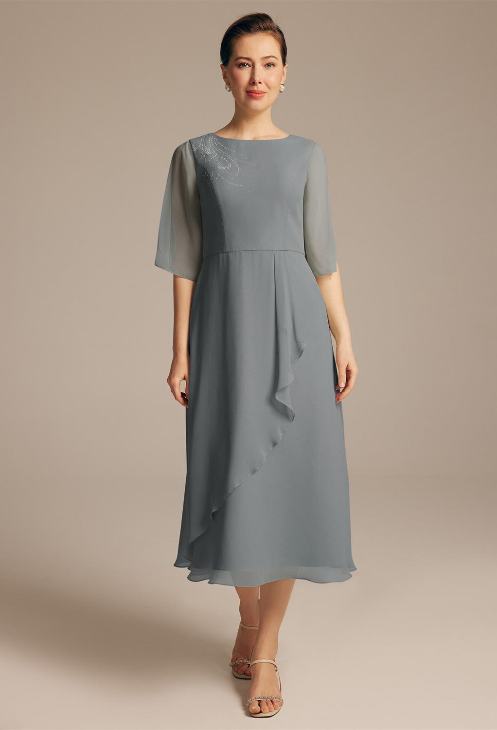 AW Sterope Dress, Steel Gray Chiffon Knee Length Square Neckline Mother ...