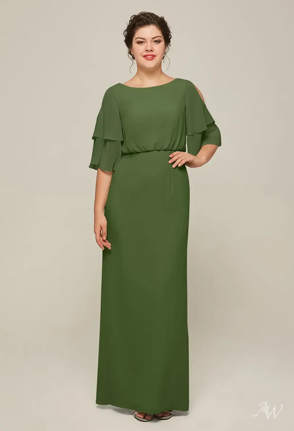 AW Mitzi Dress, Dark Emerald Chiffon Floor Length Bateau Neckline ...