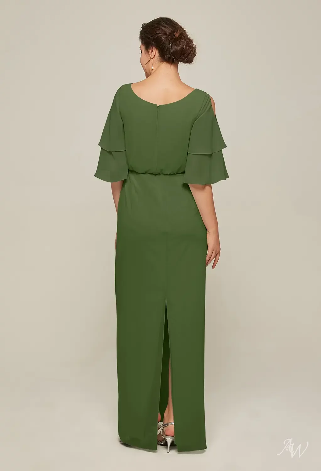 AW Mitzi Dress, Dark Emerald Chiffon Floor Length Bateau Neckline ...
