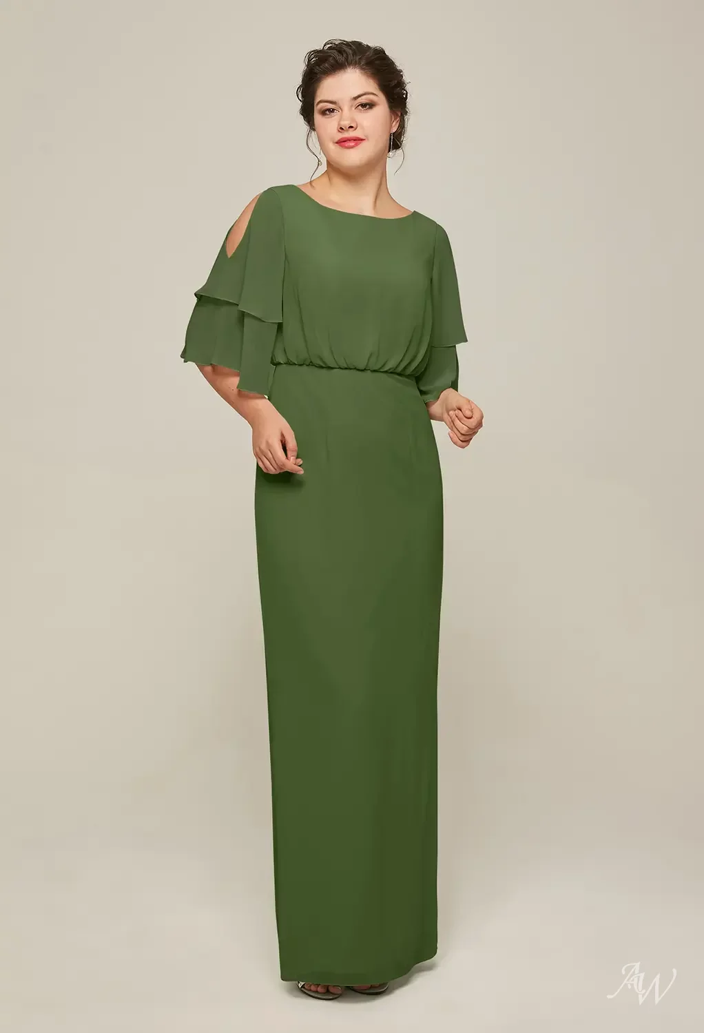 AW Mitzi Dress, Dark Emerald Chiffon Floor Length Bateau Neckline ...