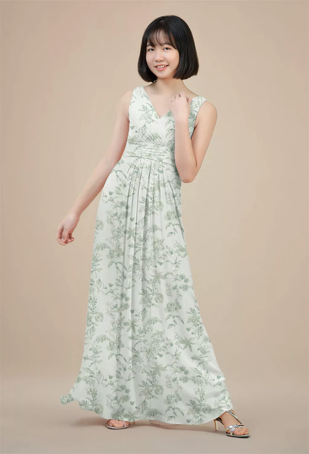 AW Hiba Dress, Tea Green Shade Chiffon Floor Length V-Neck Bridesmaid ...