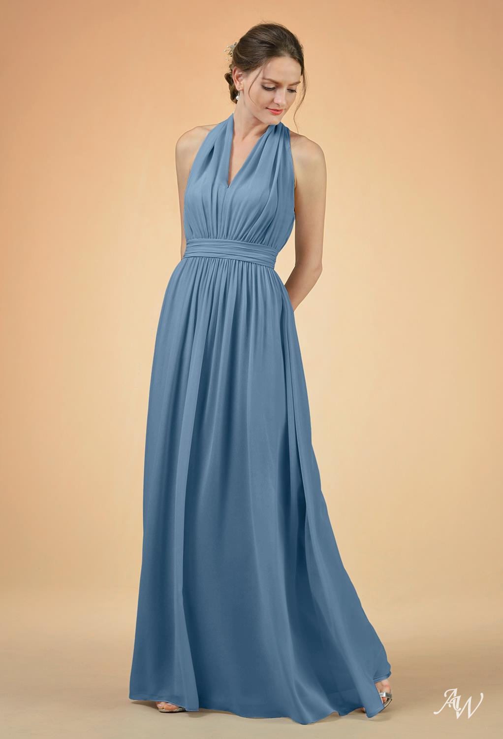 AW Carl Dress, Steel Gray Chiffon Floor Length Halter Neckline Bridesmaid Dresses | AW.Bridal