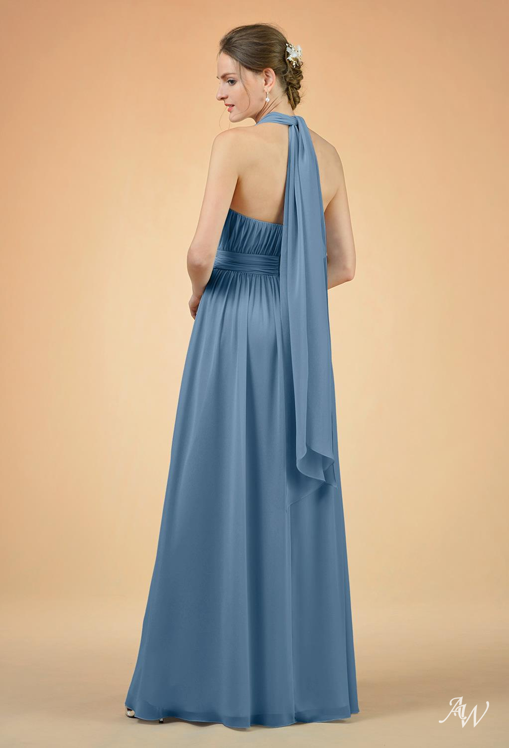 AW Carl Dress, Steel Gray Chiffon Floor Length Halter Neckline Bridesmaid Dresses | AW.Bridal
