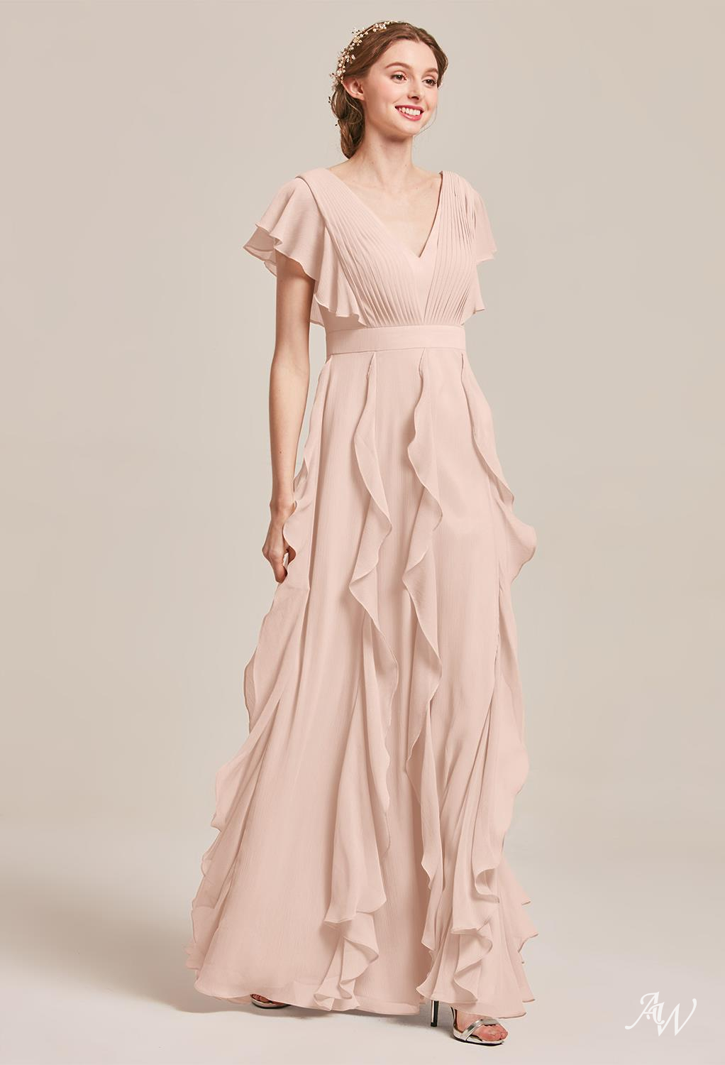 AW Vinnie Dress, Sage Green Chiffon Floor Length V-Neck Bridesmaid ...