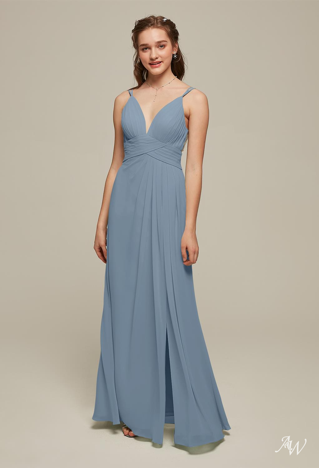 AW Corin Dress, Dusty Blue Chiffon Floor Length V-Neck Bridesmaid ...