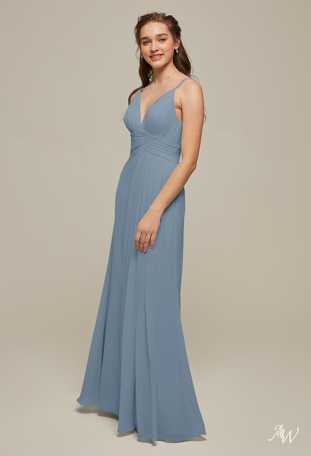 AW Corin Dress, Dusty Blue Chiffon Floor Length V-Neck Bridesmaid ...
