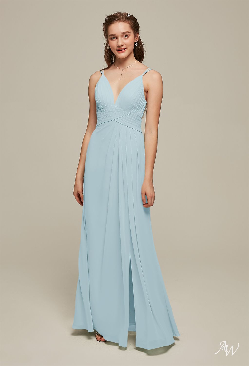 AW Corin Dress, Dusty Blue Chiffon Floor Length V-Neck Bridesmaid ...