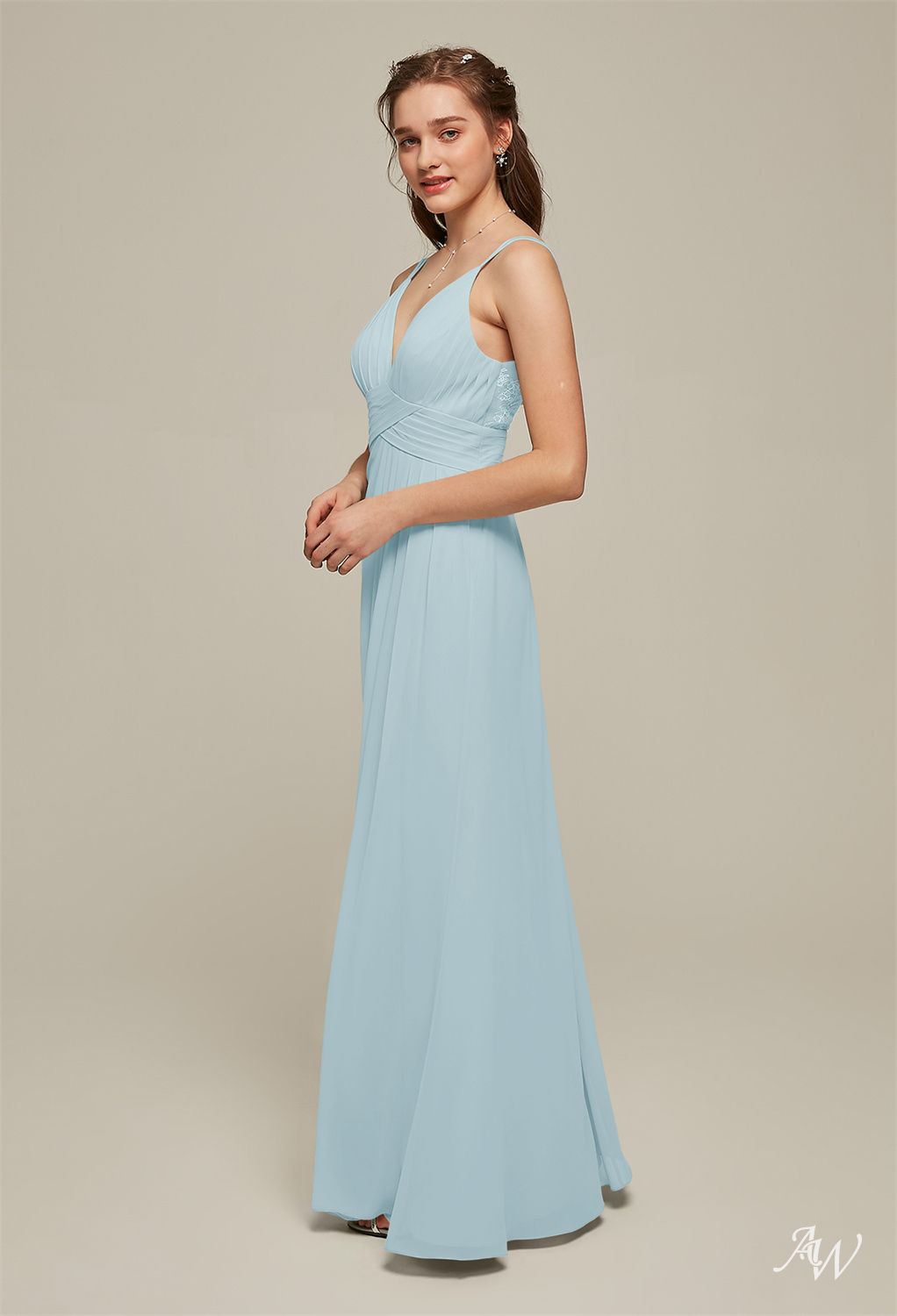 AW Corin Dress, Dusty Blue Chiffon Floor Length V-Neck Bridesmaid ...