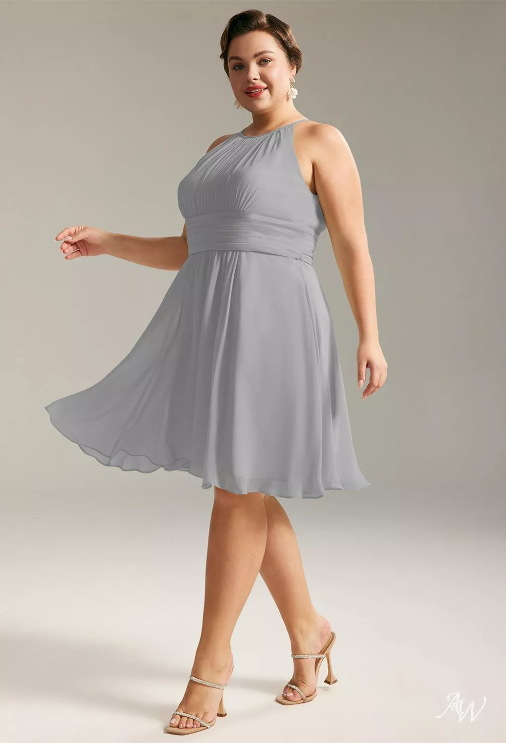 AW Leda Dress, Tea Green Shade Chiffon Knee Length Halter Neckline Bridesmaid Dresses | AW.Bridal