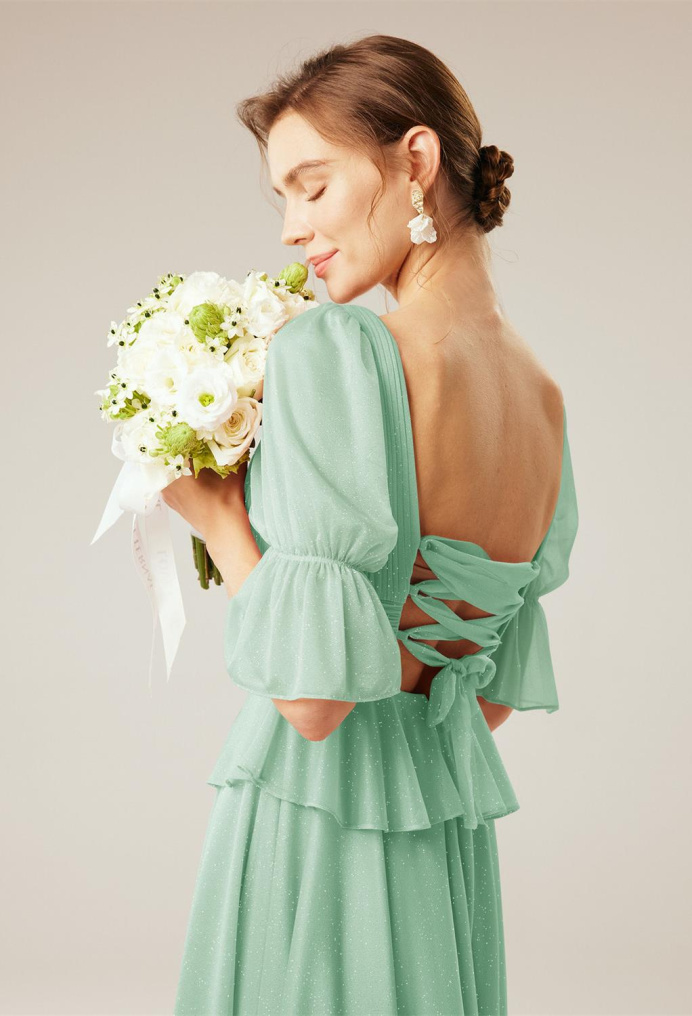 AW Brenda Dress, Burgundy Glitter Mesh Floor Length V-Neck Bridesmaid ...