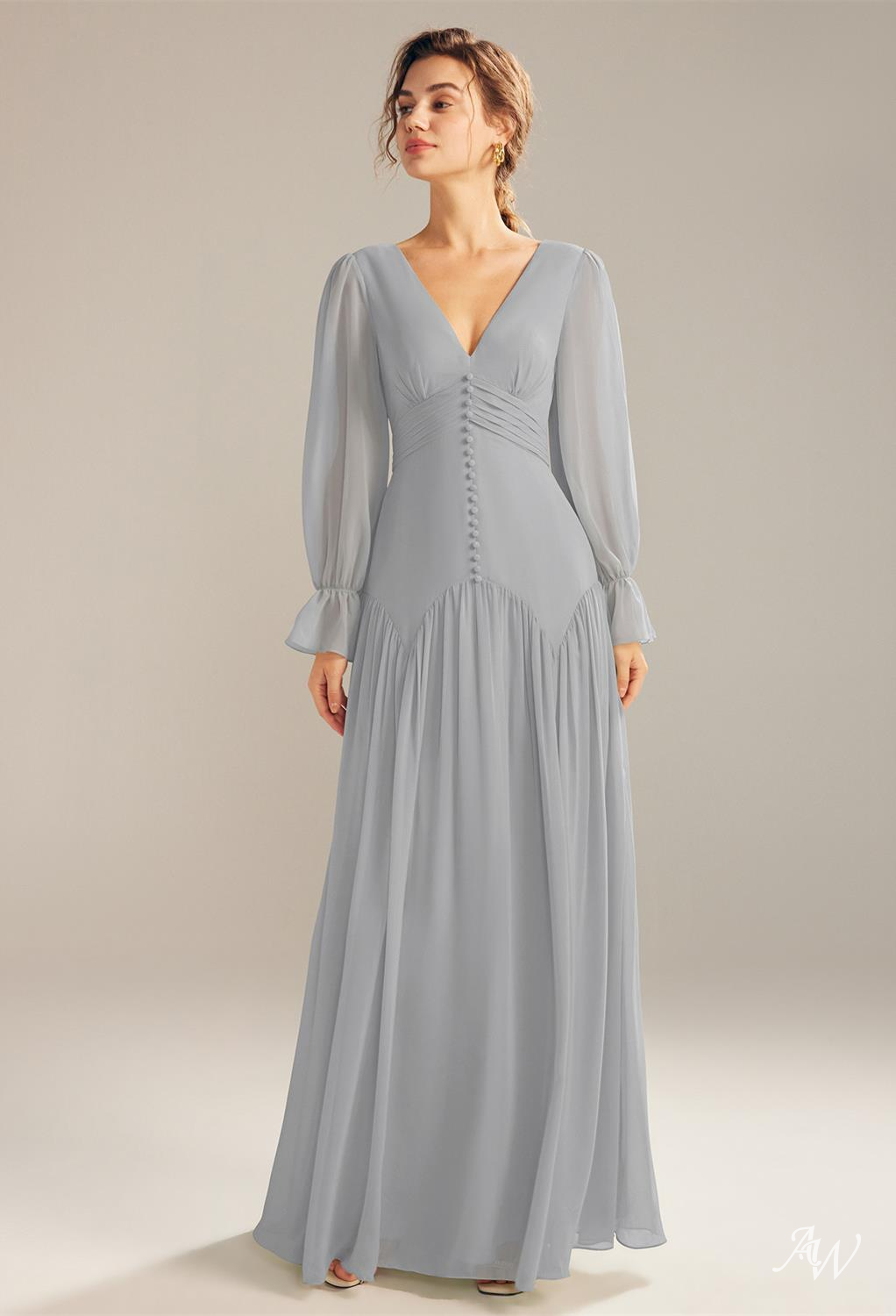 AW Alma Dress, Sage Green Chiffon Floor Length V-Neck Bridesmaid ...