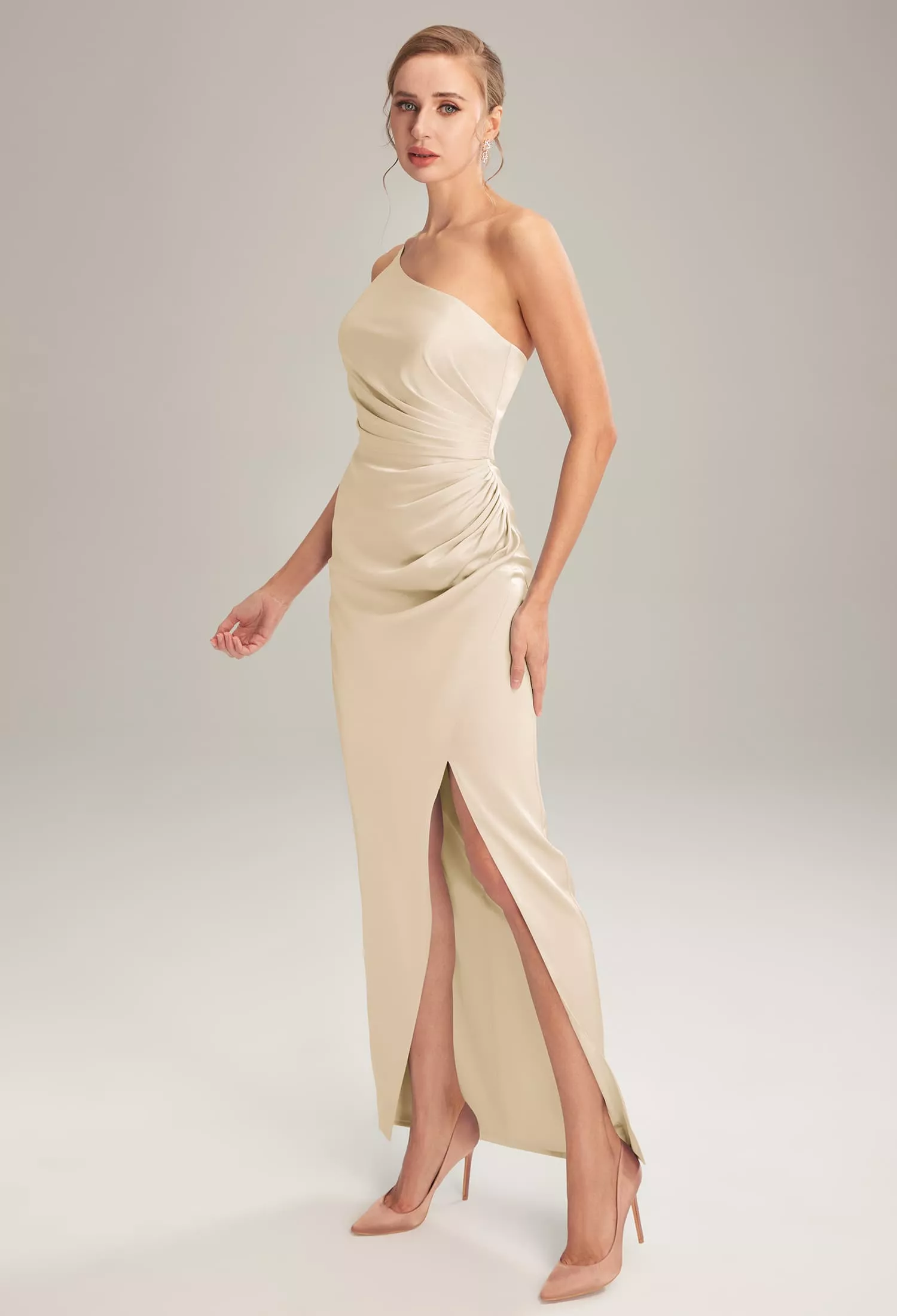 AW Sahib Dress, Champagne Satin Charmeuse Floor Length Square Neckline ...